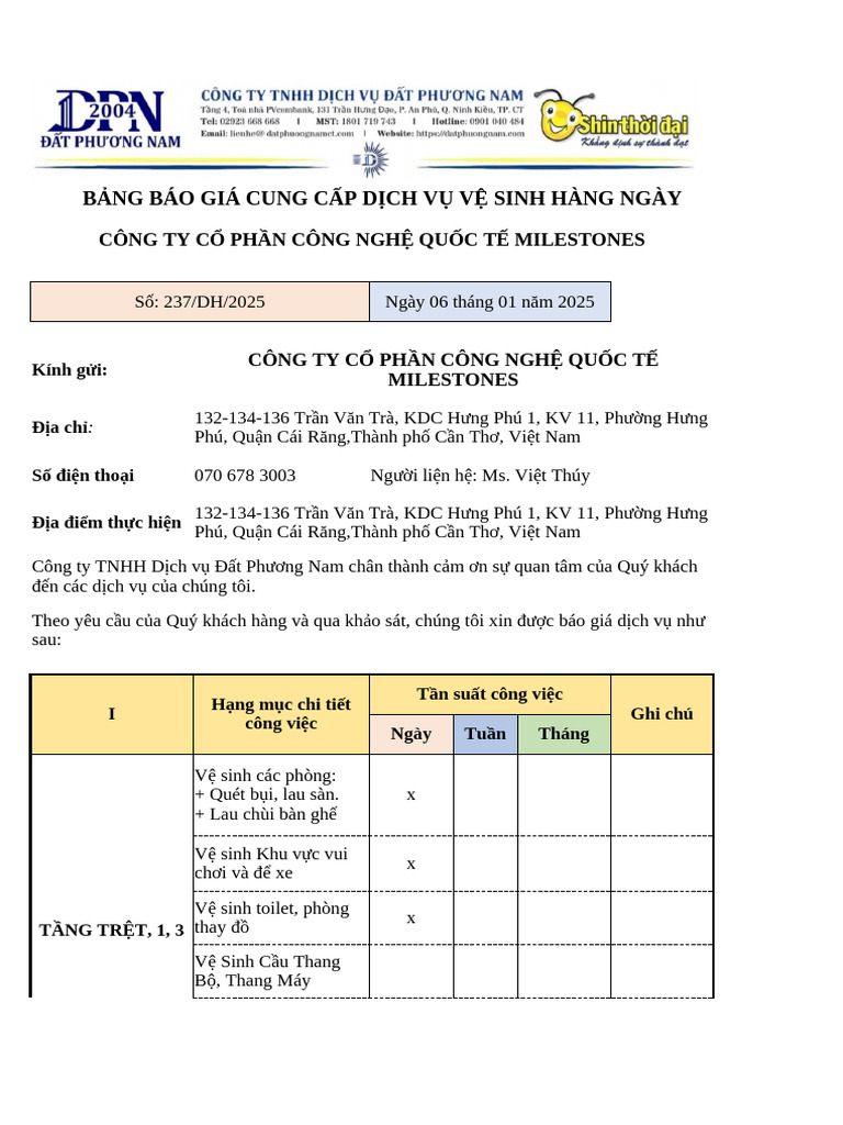 237. 07.01.2025 Báo Giá Vệ Sinh Cn Công Nghệ Quốc Tế Milestones (Thịnh ...