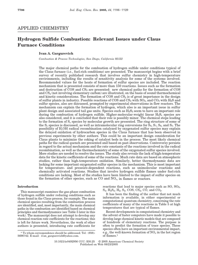 Hydrogen Sulfide Combustion Chemistry | PDF | Science & Mathematics
