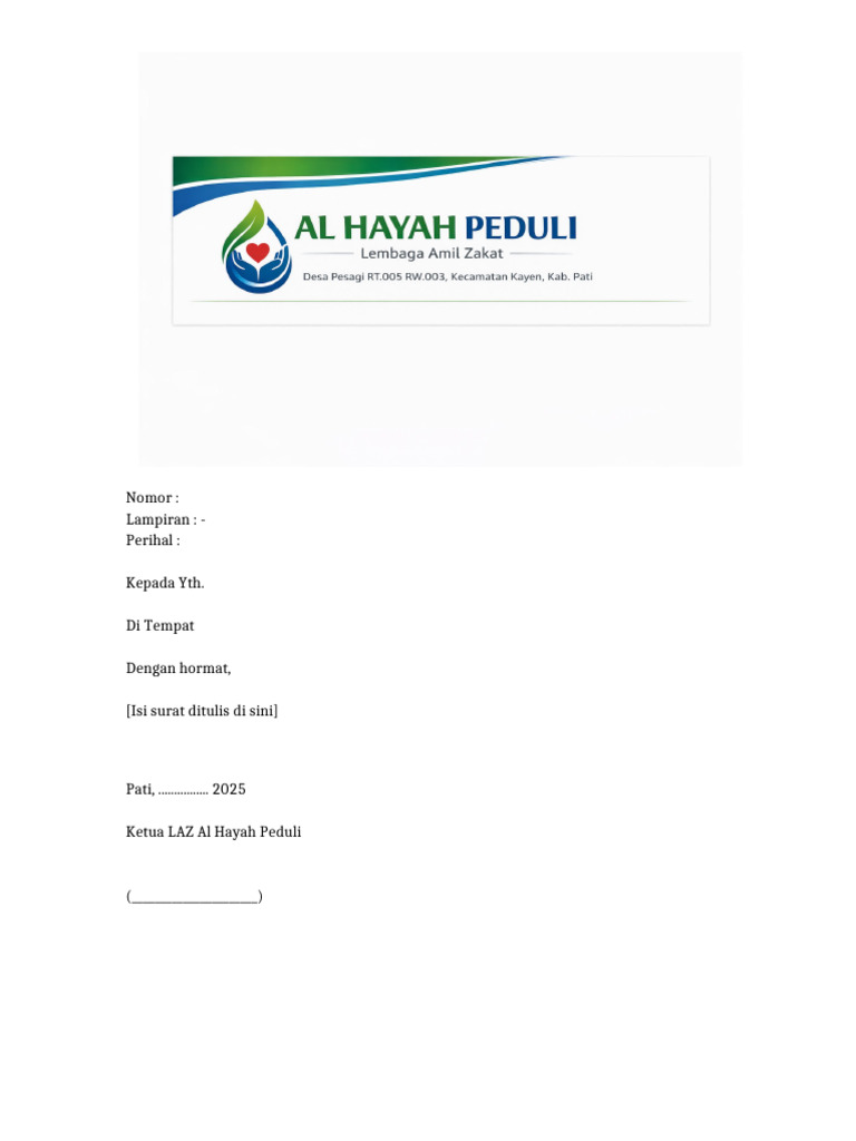 Kop Surat LAZ Al Hayah Peduli Dengan Header Gambar | PDF