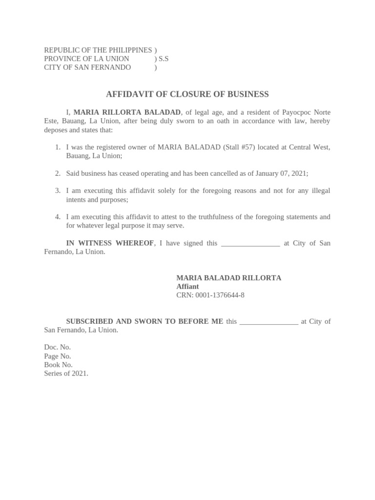 Affidavit of Business Closure in La Union | PDF