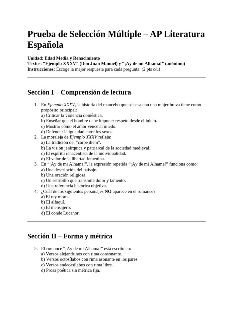 Prueba 2 AP Literatura Ejemplo XXXV Ay de Mi Alhama Memento Mori Carpe ...
