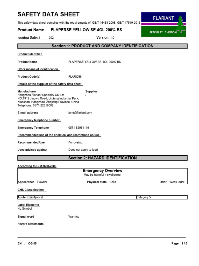 FLAPERSE YELLOW SE-4GL Safety Data Sheet | PDF | Personal Protective ...