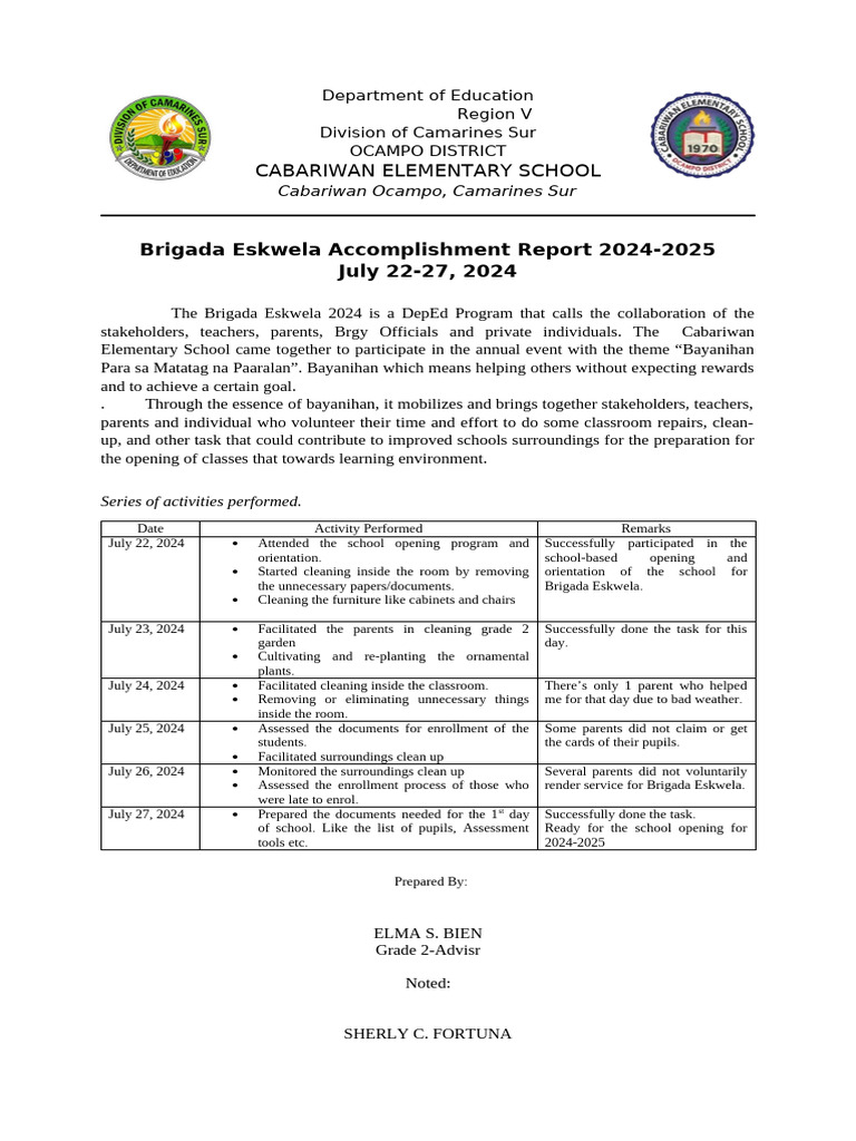 Brigada Eskwela 2024 Accomplishment Report | PDF