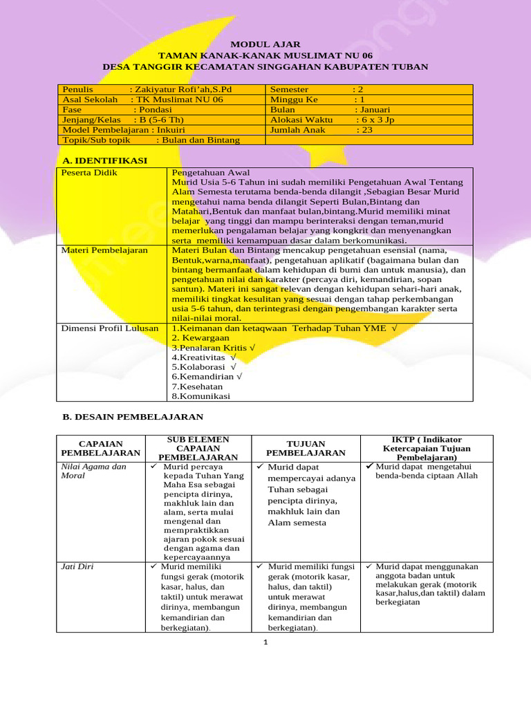 Modul Ajar Bulan dan Bintang TK NU 06 | PDF