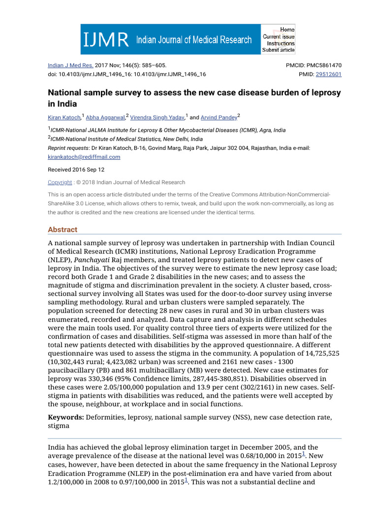 National sample survey to assess the new case disease burden of leprosy ...