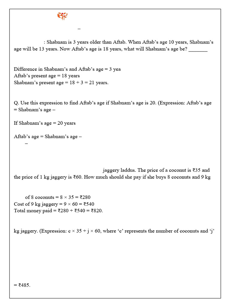 Age and Algebraic Expressions for Class VII | PDF | Numbers | Length