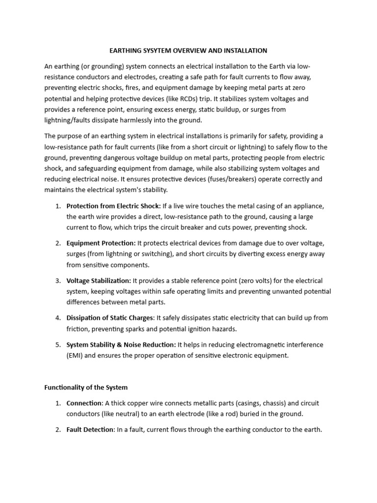 Earthing Sysytem Overview and Installation Steps | PDF | Power ...