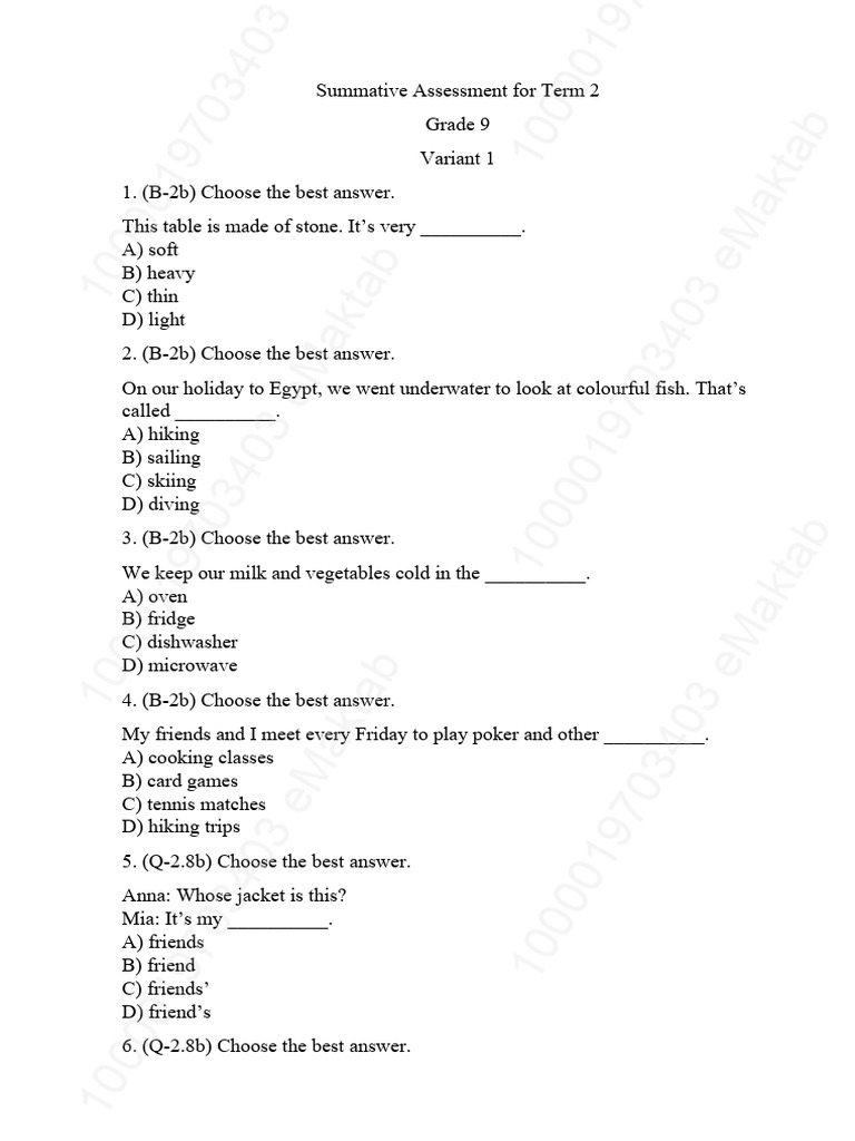 Grade 9 Term 2 Summative Assessment | PDF