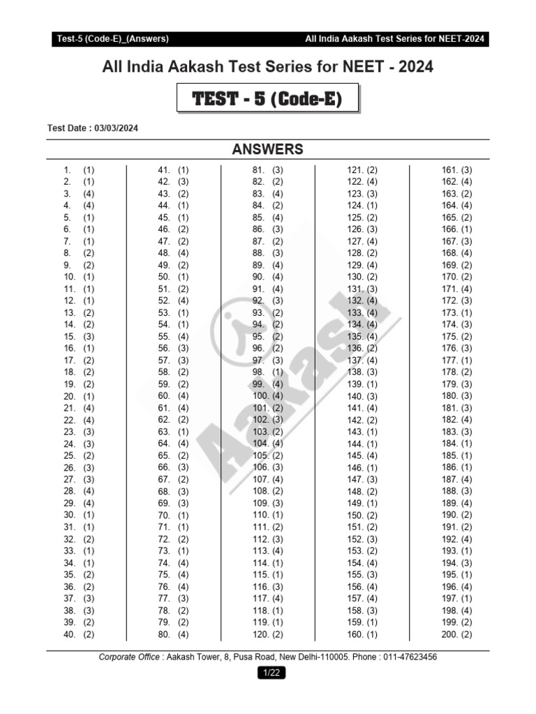Solutions AIATS2024 Test 5 XII Passed Code E&F 03-03-2024 | PDF ...