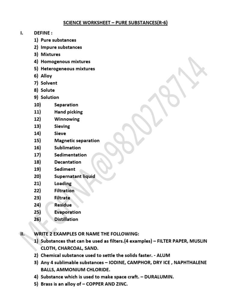 Science Worksheet - Pure Substances (Gr-6) | PDF | Mixture | Alloy