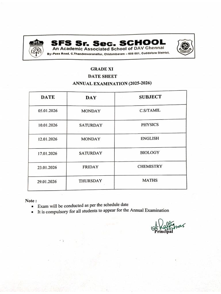 G11 Annual Exam Time Table | PDF