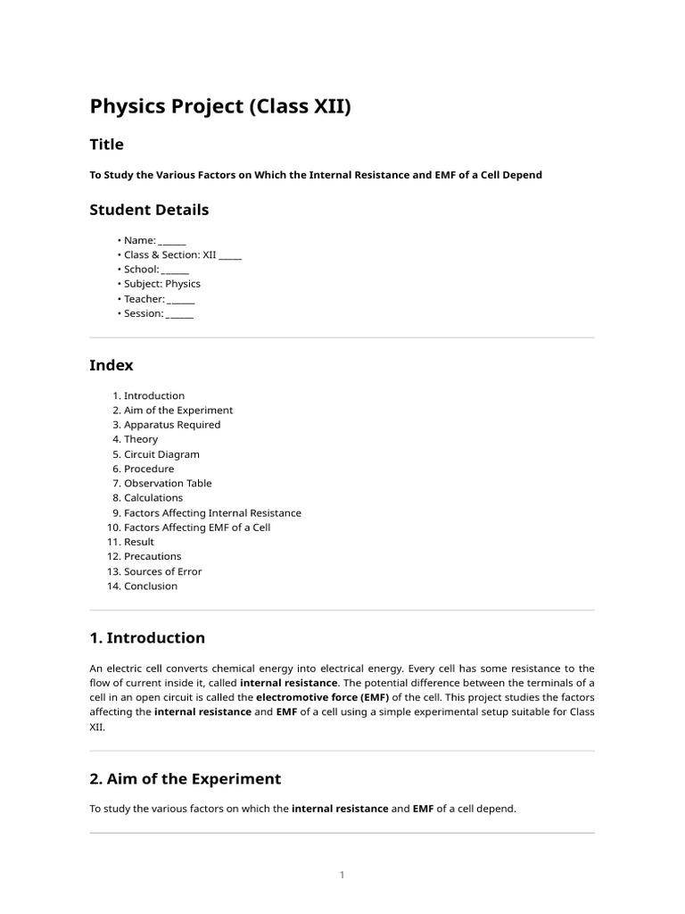 Physics Project_ Internal Resistance and Emf of a Cell | PDF | Voltage ...