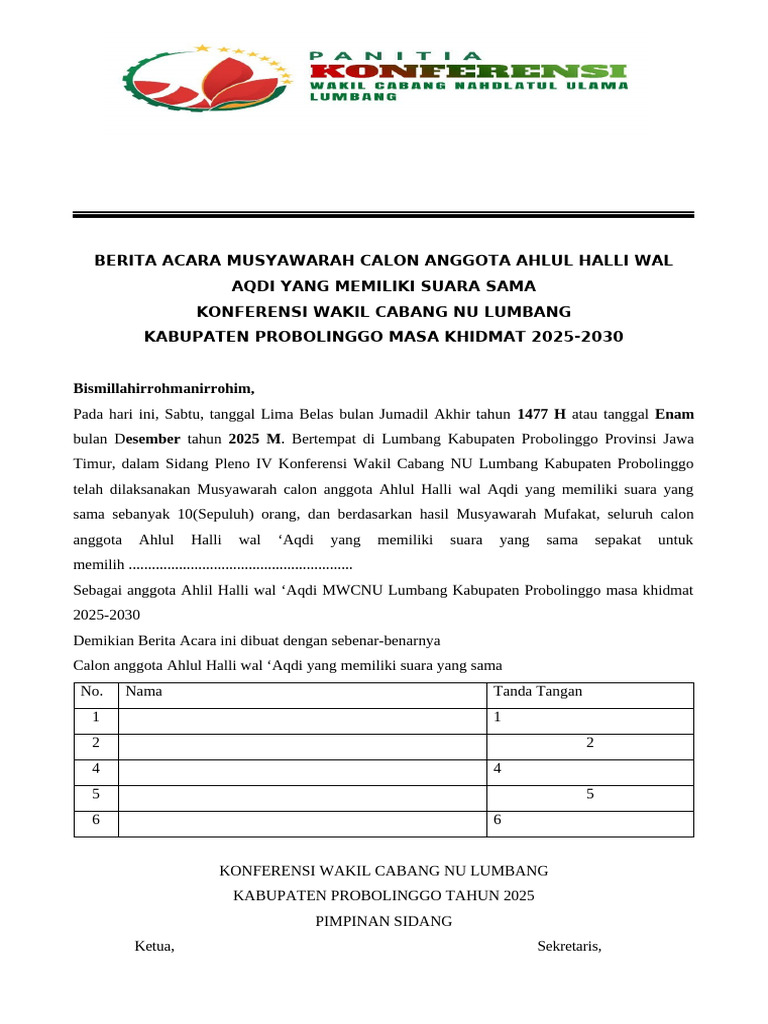Musyawarah Calon Ahlul Halli NU Lumbang | PDF