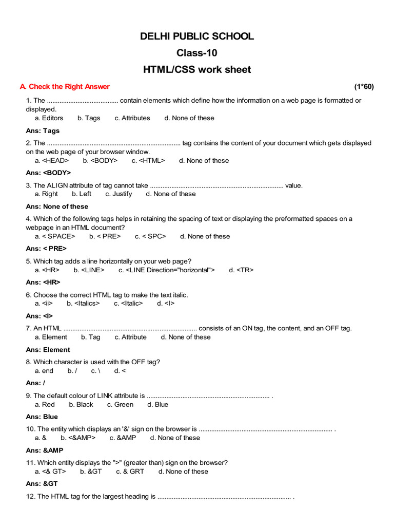 Htmlcss Work Sheet Answer | PDF | Html Element | Html