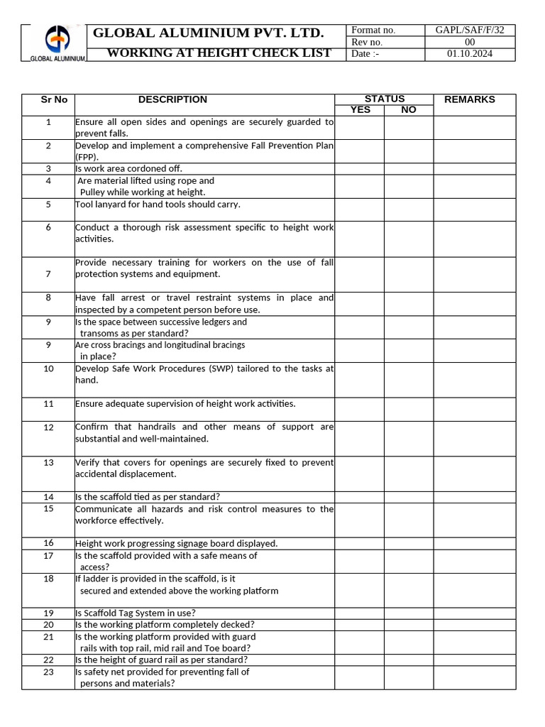 Working at Height Safety Checklist | PDF | Scaffolding | Ladder