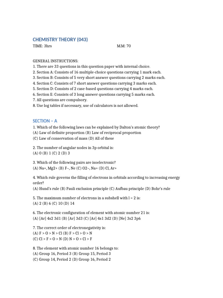 Chemistry Theory Exam Paper (043) | PDF | Atomic Orbital | Electron ...