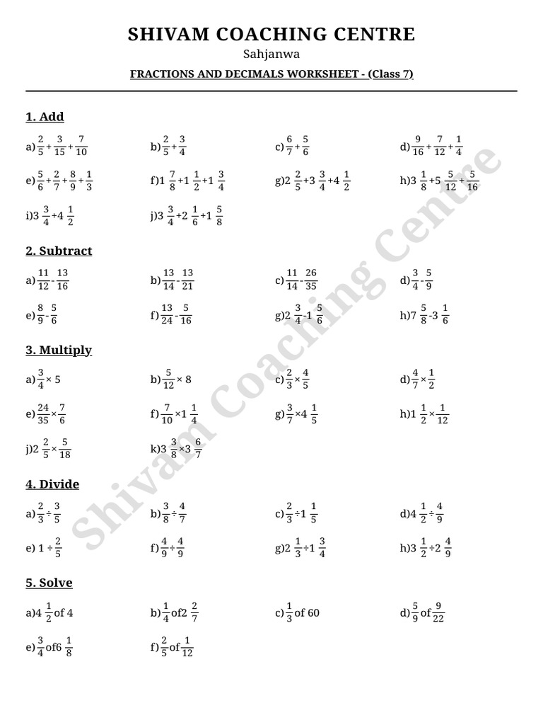Class 7 Worksheet Decimal and Fraction 1 | PDF | Chess | Chess Theory