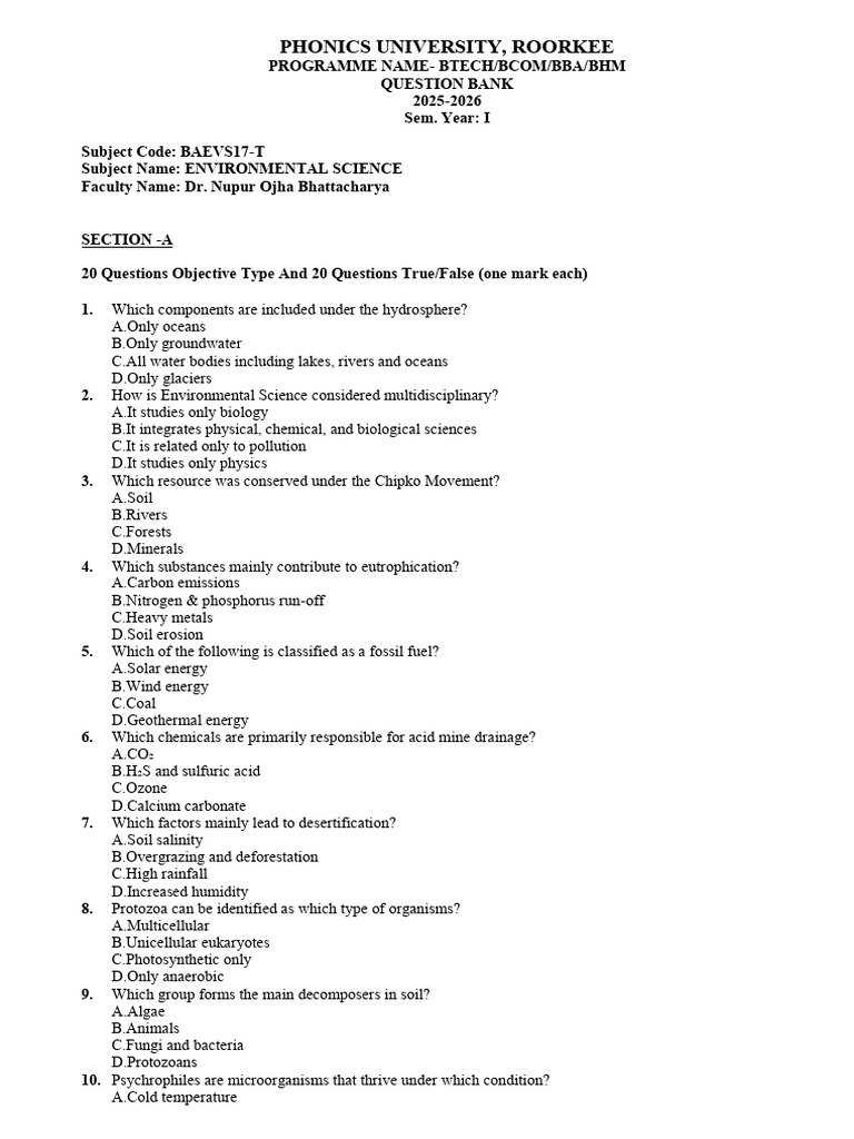 Environmental Science Question Bank 2025 | PDF | Soil | Environmental ...