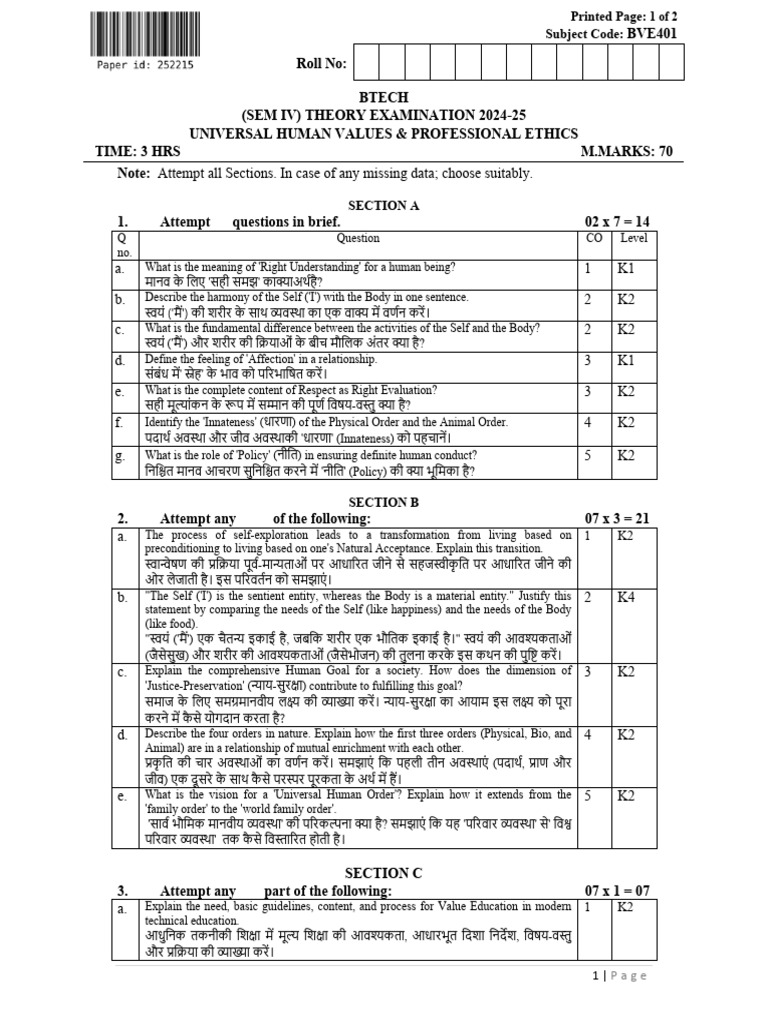 Bve401 Universal Human Values Professional Ethics (1) | PDF