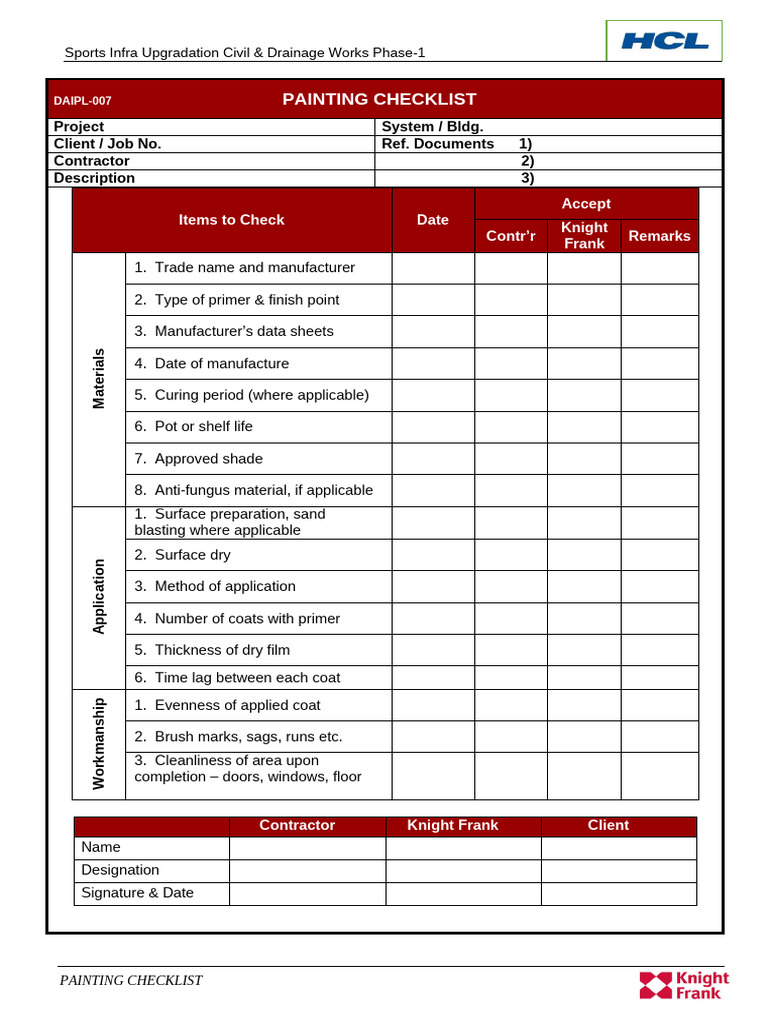 Sports Infra Painting Checklist Phase-1 | PDF