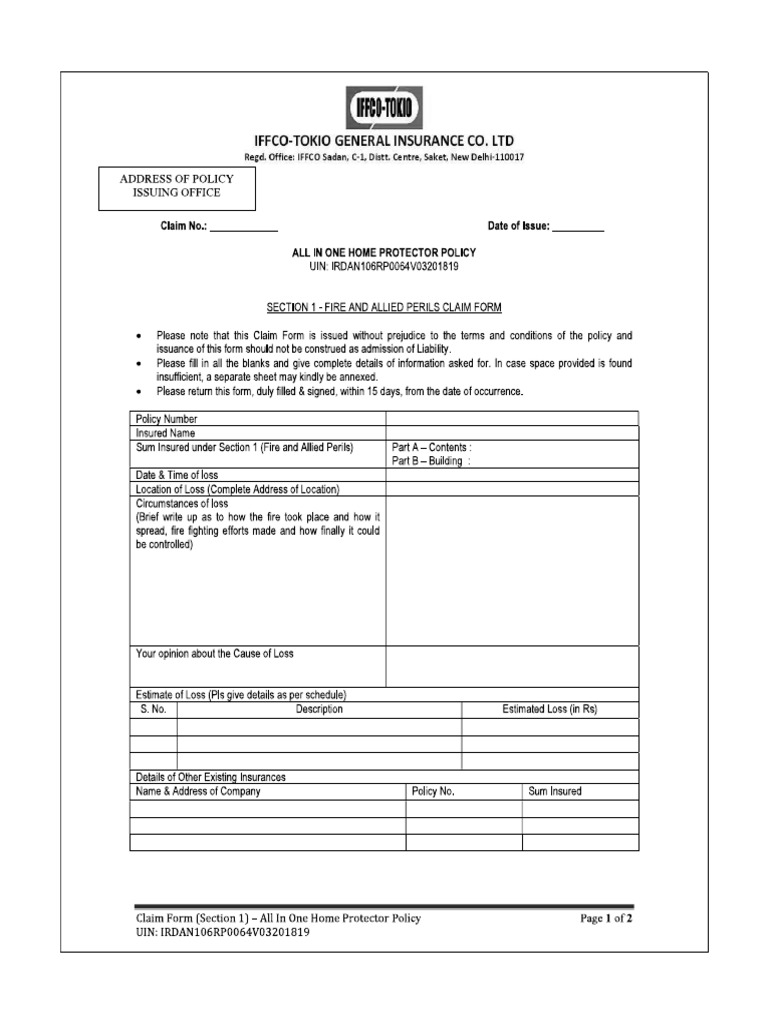 All in One Home Protector (Fire) Claim Form1 | PDF