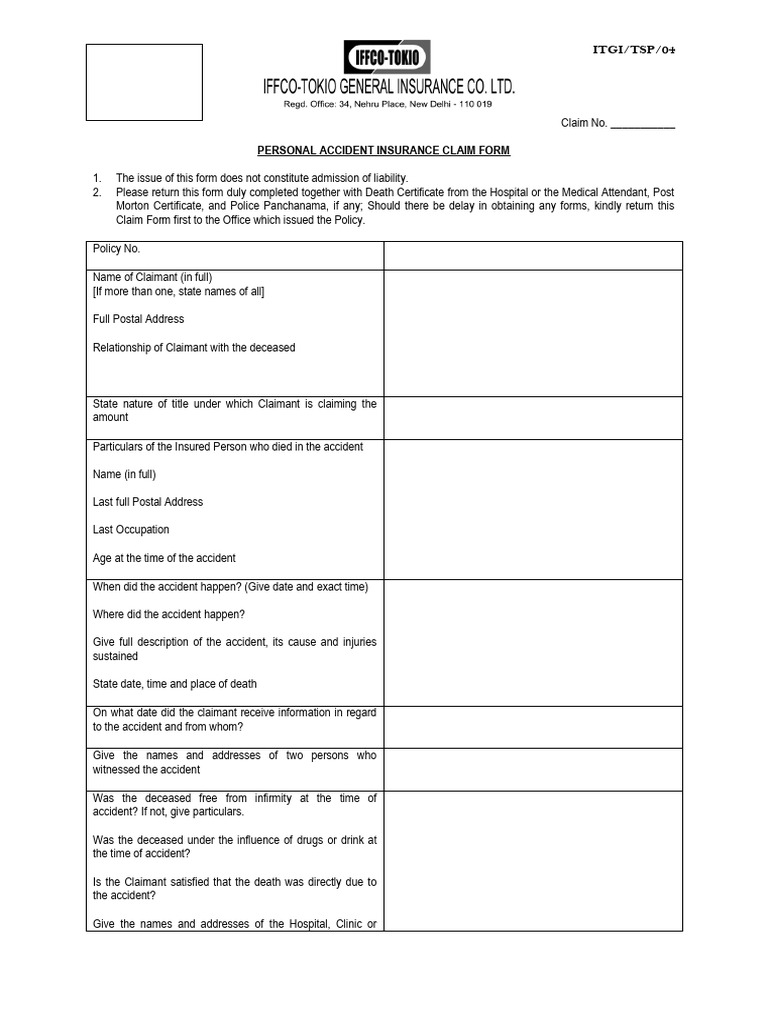 Personal Accident Insurance Claim Form | PDF