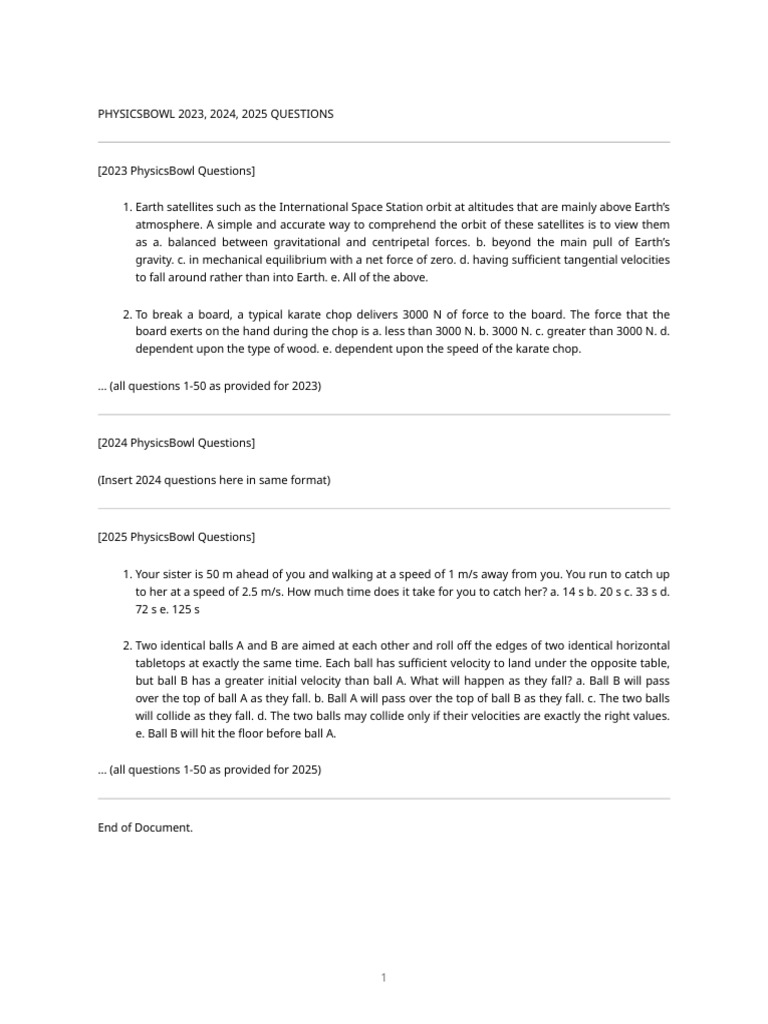 PhysicsBowl Questions 2023-2025 | PDF