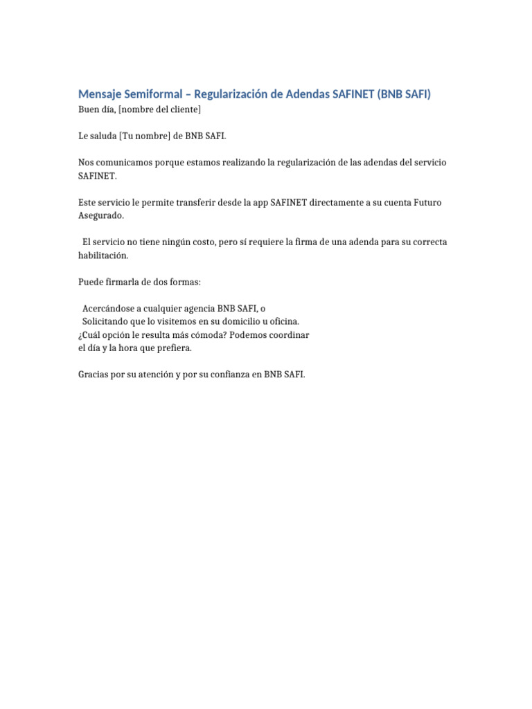 Mensaje Semiformal Regularizacion Adendas SAFINET BNB SAFI (3) | PDF
