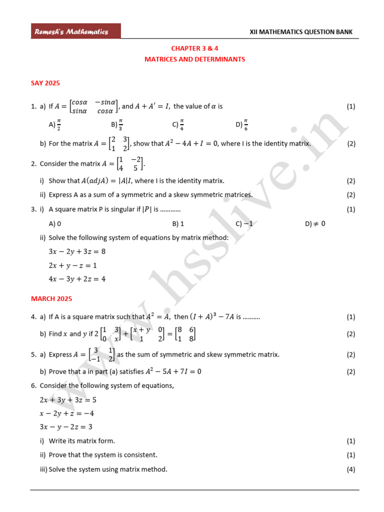 Hsslive-xii-maths-ch3 Matrices and 4. Determinanats | PDF | Matrix ...