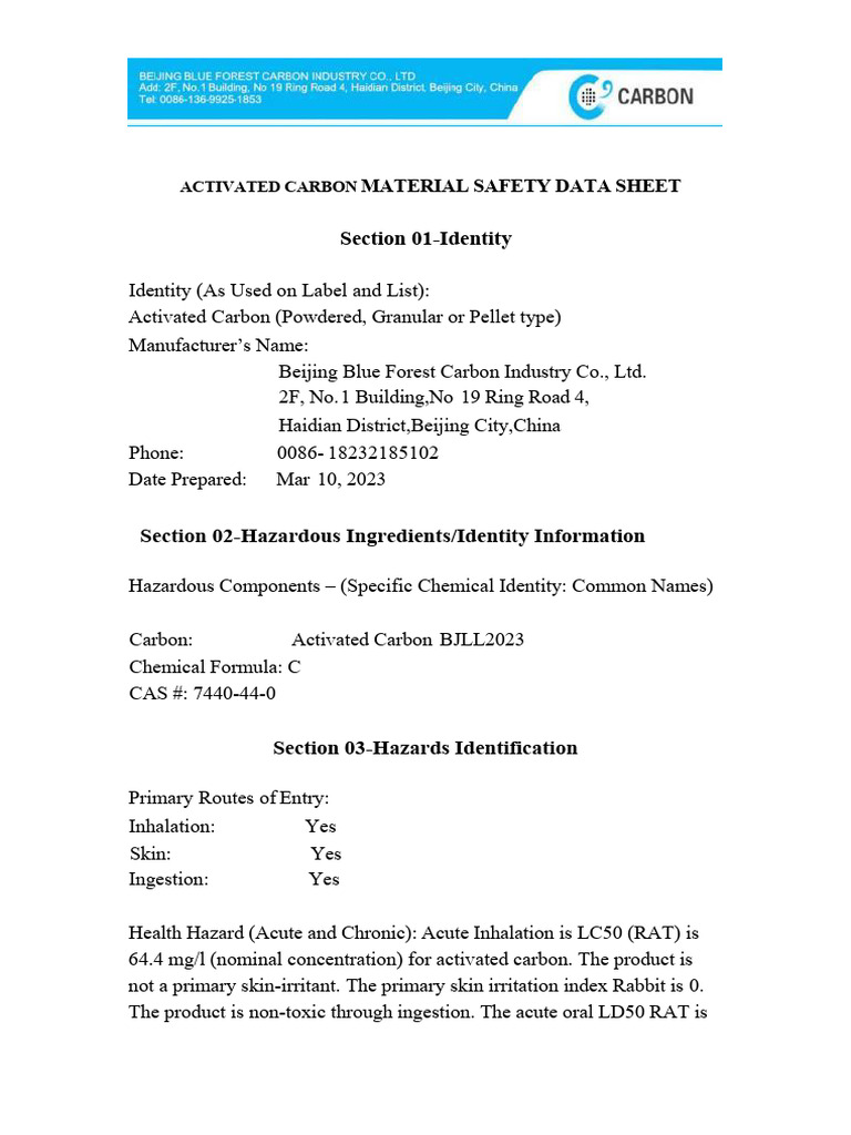 Activated Carbon Safety Data Sheet | PDF | Dangerous Goods | Materials