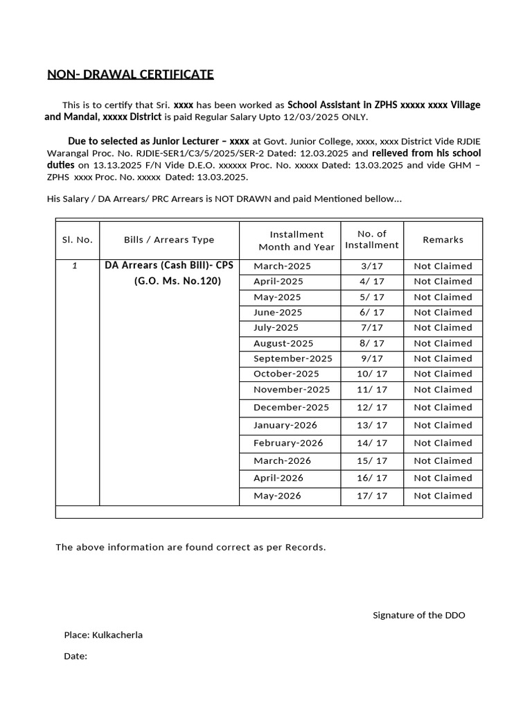 Non-Drawal Certificate for Salary Arrears | PDF
