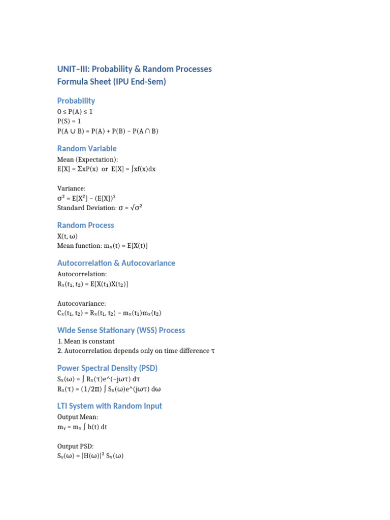 UNIT III Probability and Random Processes Formula Sheet IPU | PDF