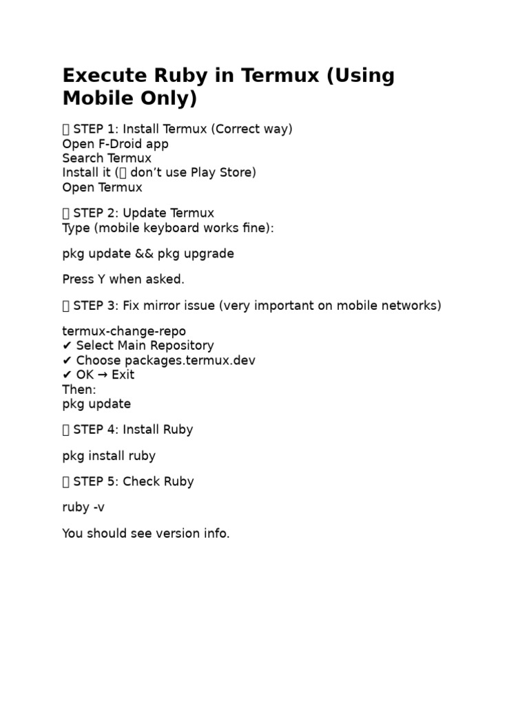 Execute Ruby in Termux (Using Mobile Only) | PDF