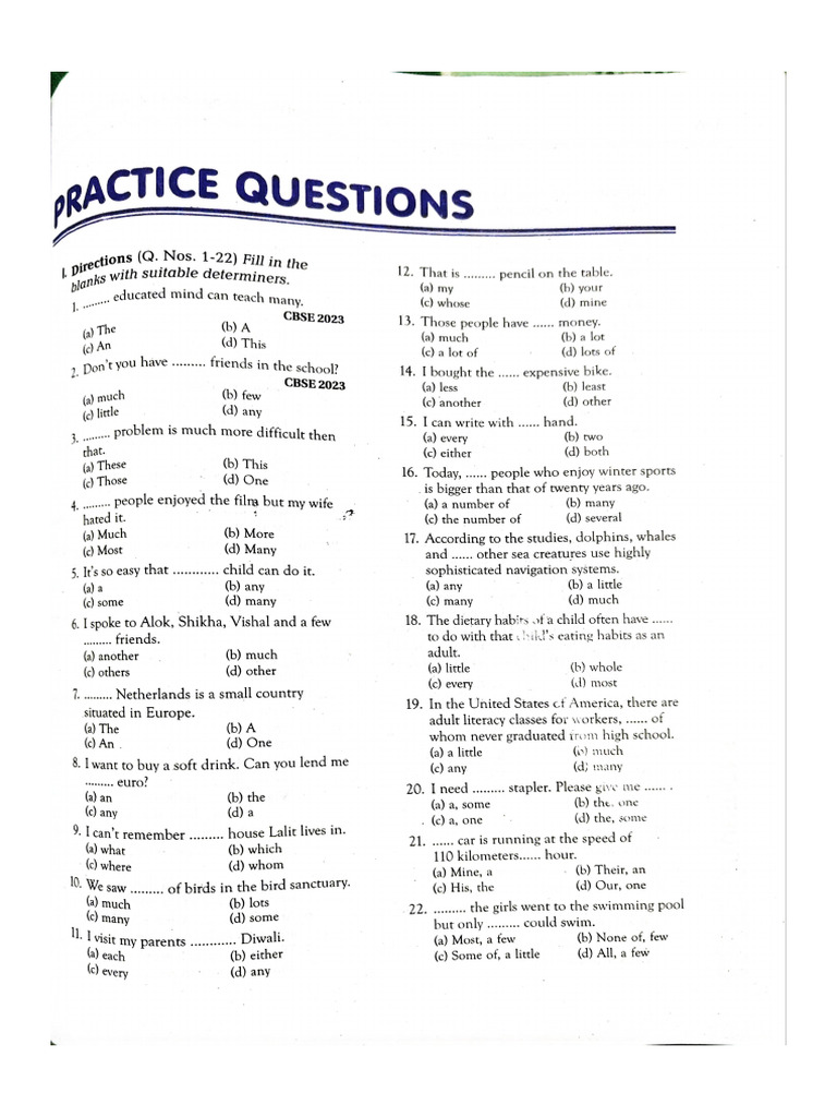 Determiners Grammar Practice Q&A | PDF