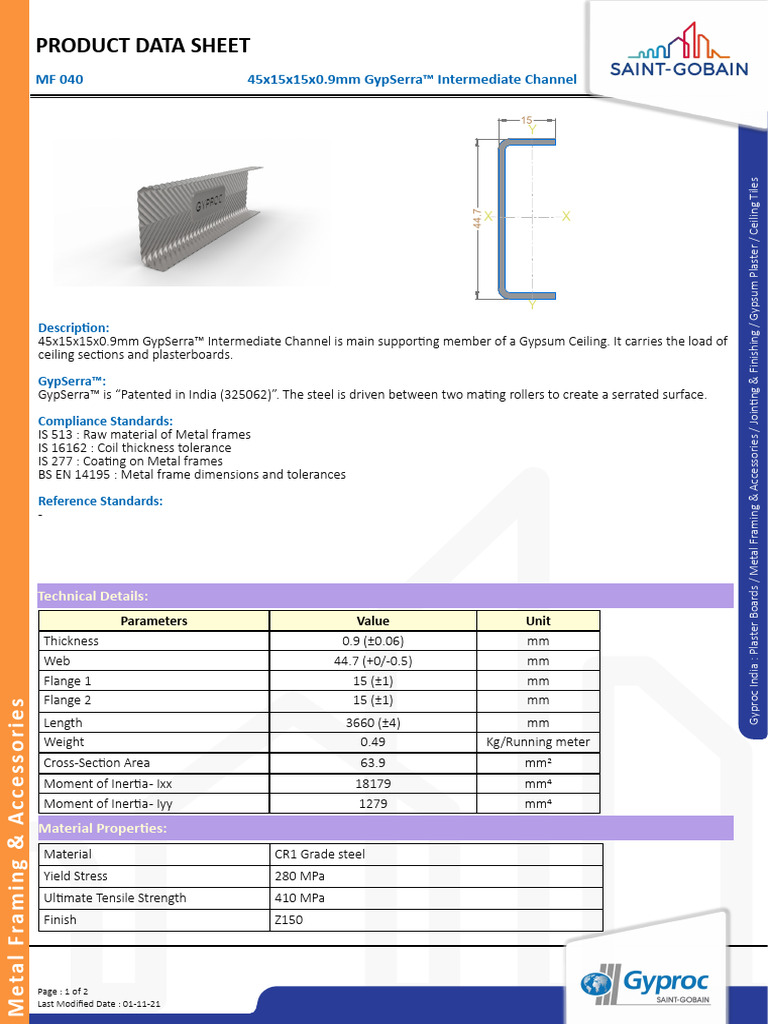 MF040 - 45x15x15x0.9mm GypSerra™ Intermediate Channel | PDF | Drywall ...