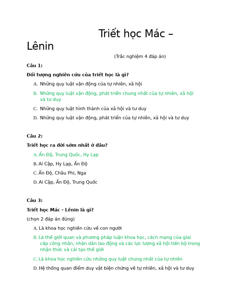 Triết Học Mác - Lênin (Lựa Chọn 4 Đáp Án) | PDF