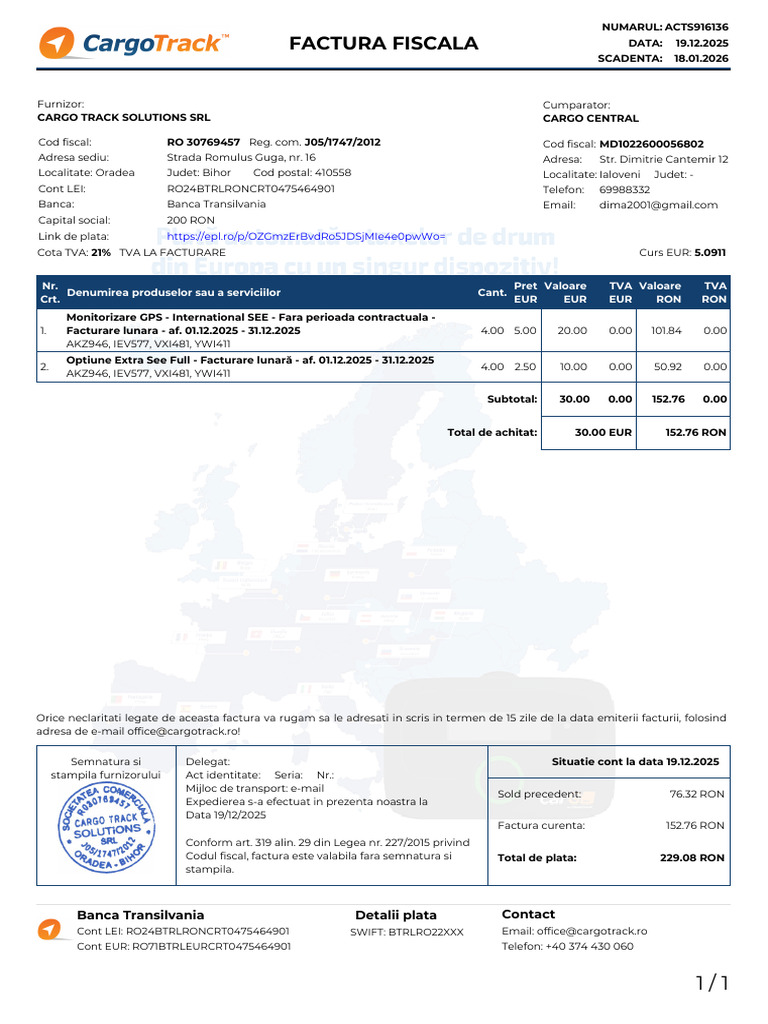 Cargo Track Solutions Invoice Details | PDF