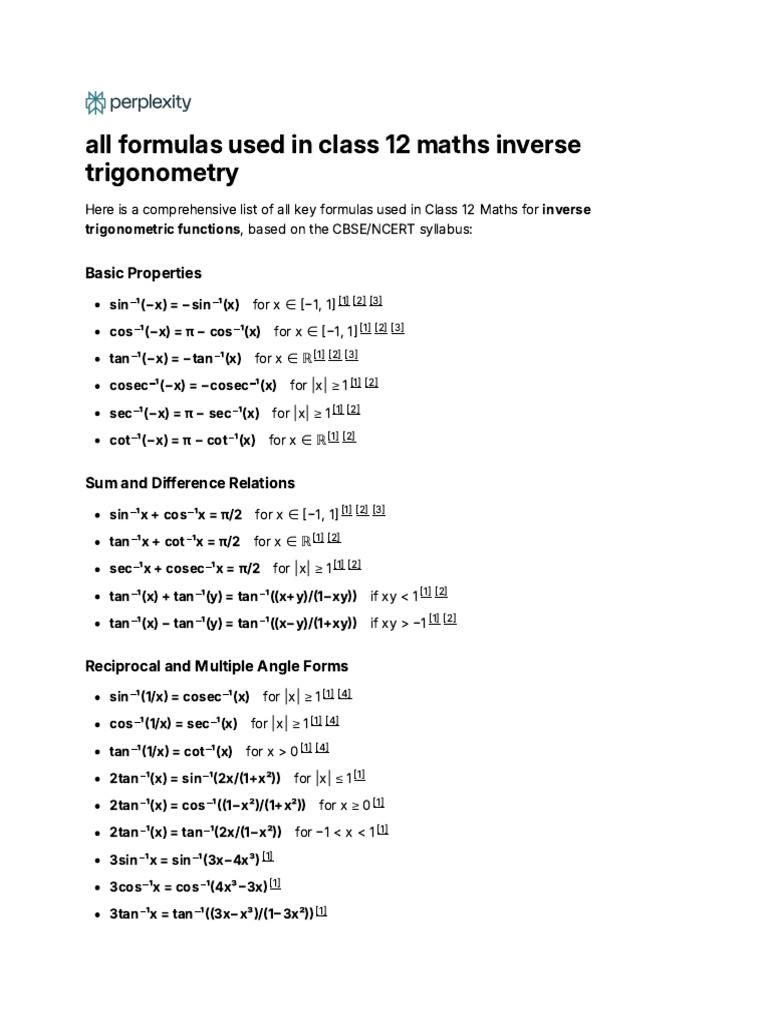 Class 12 Inverse Trigonometry Formulas | PDF | Trigonometry | Functions ...