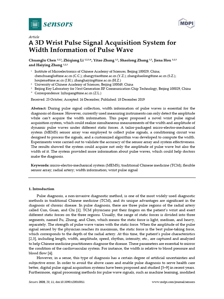 2020 sensors 三维手腕脉搏信号采集系统的脉搏波的宽度信息 | PDF | Amplitude | Sensor
