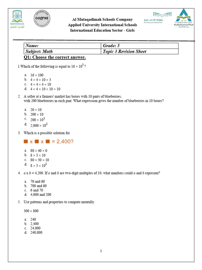 Gr5 Math Revision Topic 3 & AK | PDF | Exponentiation | Multiplication