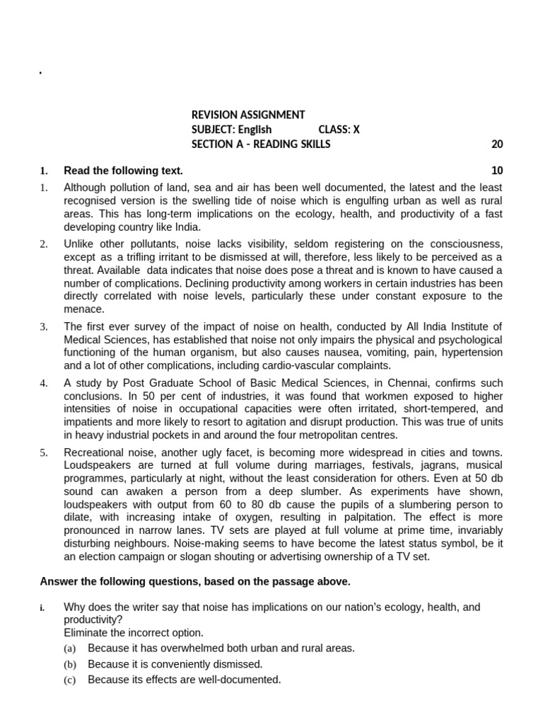 Revision Paper for Pre- Board -1 Class X | PDF | Noise | Fast Food