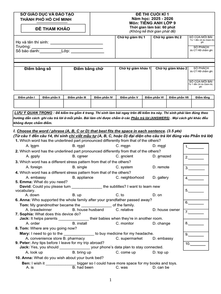 English Exam Paper for Grade 9 | PDF