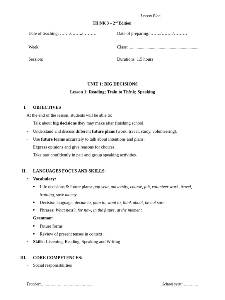Big Decisions Lesson Plan for TH!NK 3 | PDF