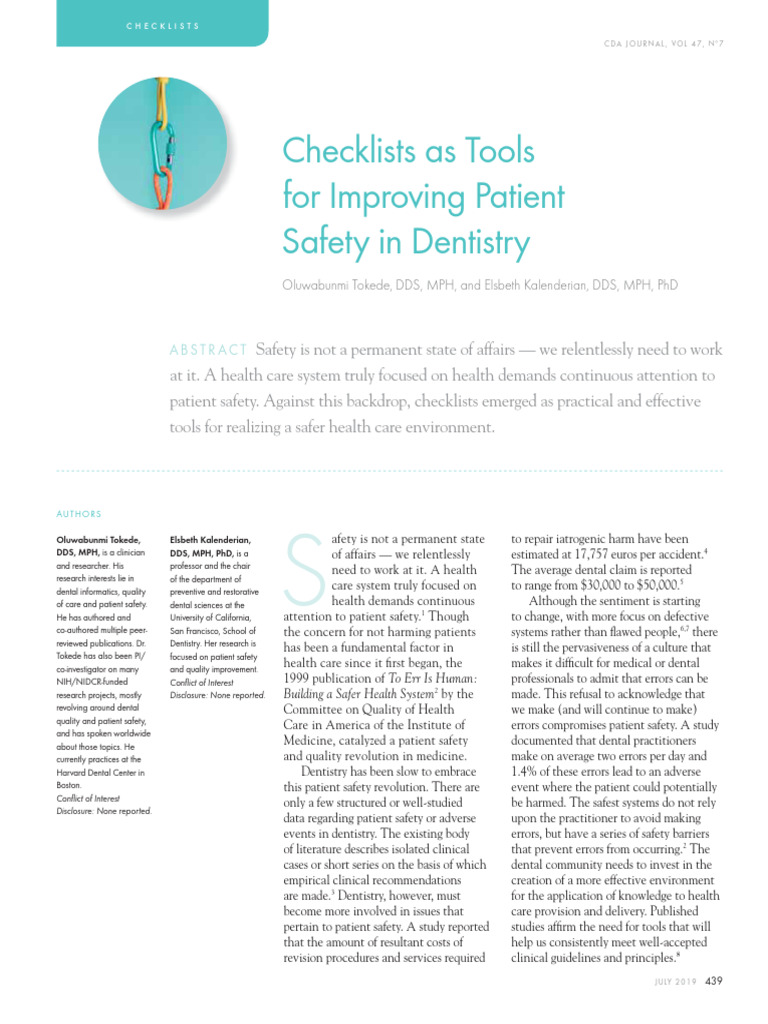 Checklists as Tools for Improving Patient Safety in Dentistry. | PDF ...