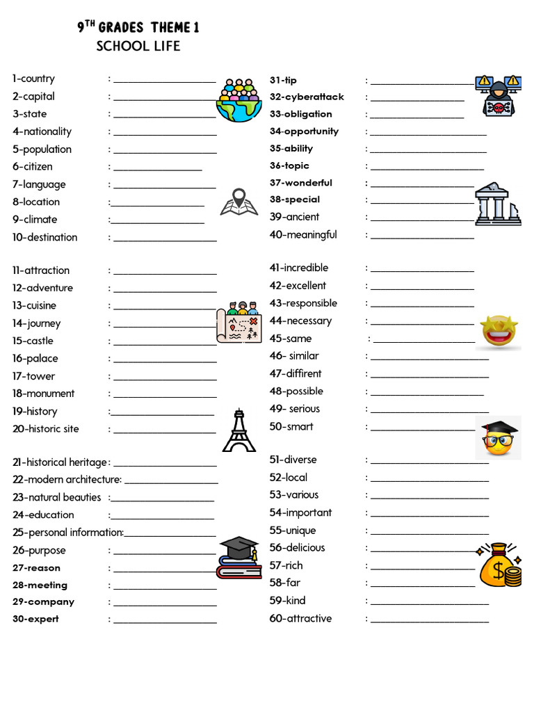 9th Grades Theme 1 School Life Vocabulary List (2025-2026) | PDF