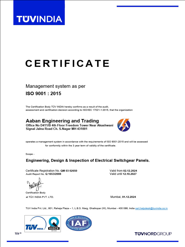 ISO 9001:2015 Certificate for Aaban Engineering | PDF