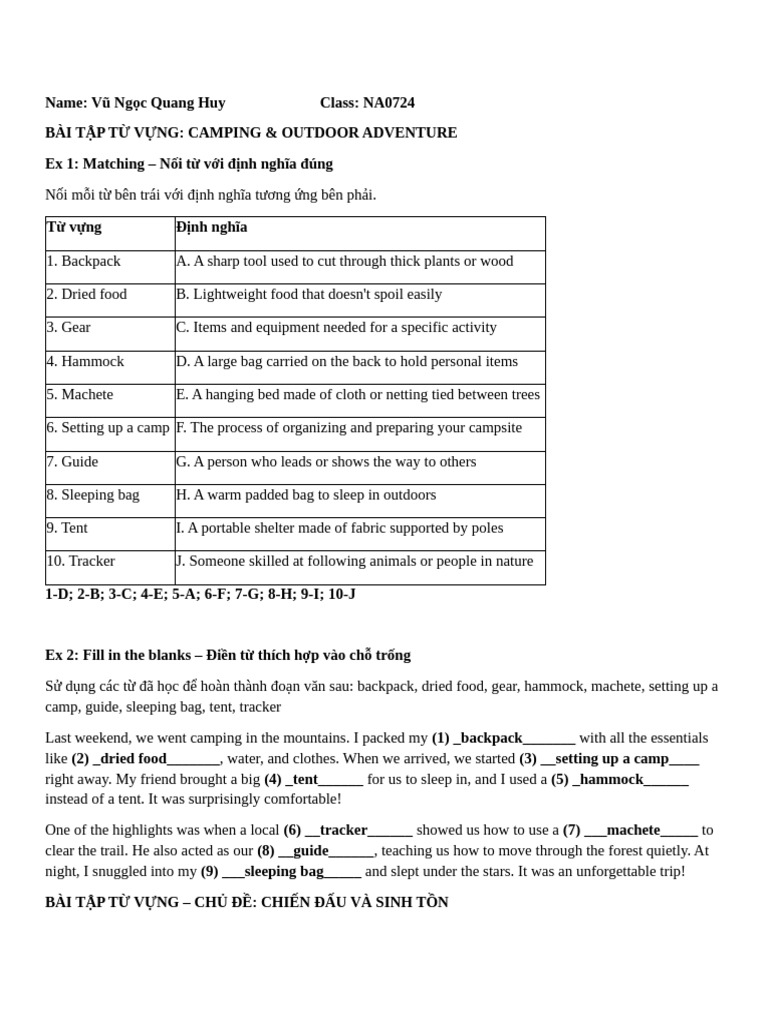 Vocabulary Exercises: Camping & Samurai | PDF | Bushido | Samurai