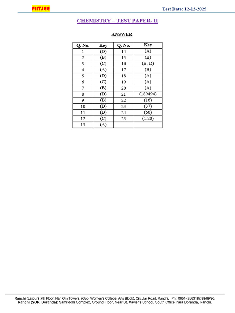 Chemistry Test Paper_ANSWER KEY_Paper- II_12!12!2025 | PDF