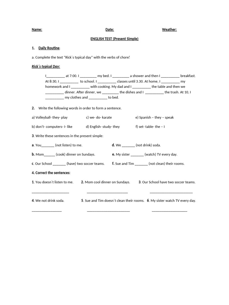 English Test: Present Simple Practice | PDF