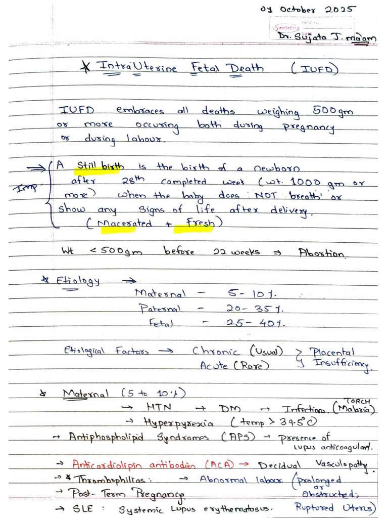 IUFD Intra Uterine Fetal Death Stree Rog Notes Term 02 Intrauterine | PDF